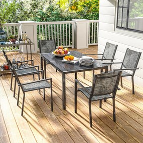 Outsunny Sada Zahradního Nábytku do Exteriéru 7 Kusů, Zahradní Stůl s 6 Stohovatelnými Židlemi, 150 cm Lamely, Ocelová Konstrukce Odolná proti Korozi…