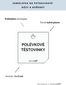 POLÉVKOVÉ TĚSTOVINKY  – průhledná samolepka na dózu, tučné písmo, 5 x 5 cm | DomaLEP