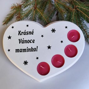 Dřevěný vánoční svícen srdce Krásné Vánoce červené svíčky