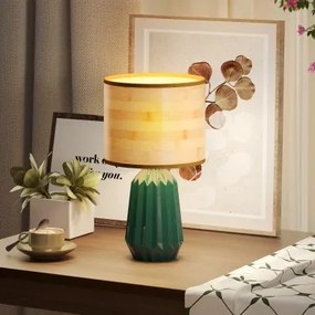 HOMCOM stolní lampa s keramickým podstavcem a lněným stínidlem v retro stylu do ložnice 40 W zelená a přírodní dřevo
