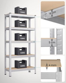 5patrový policový systém, ocelový policový systém pro úložné účely, bezšroubová montáž, nosnost 650 kg, 30 x 75 x 150 cm, stříbrná