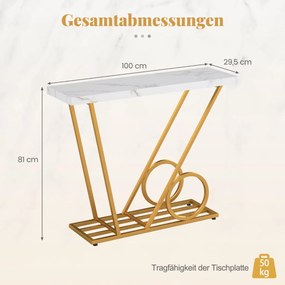 Costway Konzolový stolek 100 cm moderní s mramorovým vzhledem a bílým designem