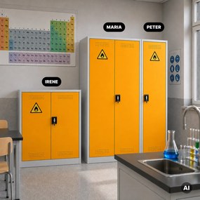 Skříň na chemikálie s ventilací a odkapávacími vaničkami, šedo-žlutá, 900x1850x400 mm: MARIA
