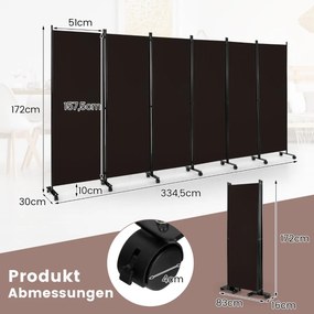 Costway Šestidílný skládací paraván na kolečkách 172 cm, hnědý