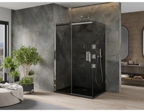 Mexen Omega, sprchový kout s posuvnými dveřmi 100 (dveře) x 80 (stěna) cm, 8mm šedé sklo, chromový profil + slim sprchová vanička černá + chromový sifon, 825-100-080-01-40-4070