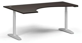 Výškově nastavitelný stůl OBOL, elektrický, 675-1325 mm, ergonomický levý, deska 1800x1200 mm, bílá zaoblená podnož, wenge
