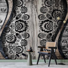 Fototapeta Inspirace - černé ornamenty na pozadí z hrubého dřeva v odstínech šedi