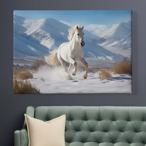 Obraz na plátně - Bílý kůň Eclipse běží zasněženou krajinou FeelHappy.cz Velikost obrazu: 180 x 120 cm