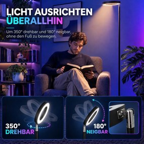 HOMCOM Stojací lampa 42W LED stmívatelná, 3 barevné teploty, stropní reflektor s nastavitelnou hlavou ve tvaru kruhu, černá