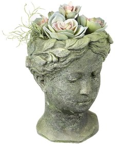 Šedo-zelený antik cementový květináč hlava ženy - 15*15*25 cm