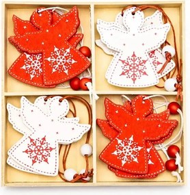 Sada dřevěných vánoční ozdob anděl 5 × 6 cm, červený a bílý, balení 12 ks
