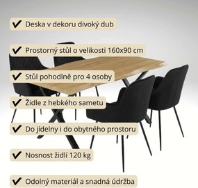 Vikio Jídelní set pro 4 osoby 160x90 cm soft dub noha X černá židle s područkami VJS226-4C