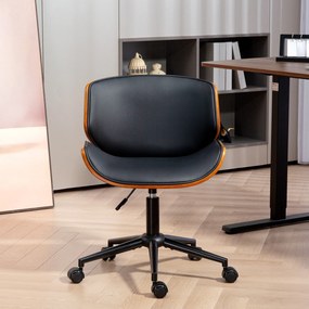 HOMCOM mid-century kancelářská židle bez područek — ergonomická, výškově nastavitelná, 360° otočná, PU, černá/ořech