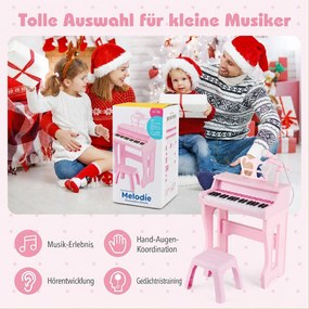 Costway Dětská klávesnice 37-Keys Dětské elektronické piano se stoličkou růžové