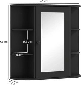 HOMCOM zrcadlová skříňka s 6 otevřenými a 2 uzavřenými policemi z dřeva a skla, 66x17x63 cm, černá