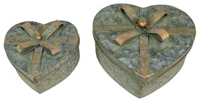 2ks dekorační antik plechové boxy srdce s mašlemi - 24*22*14 / 18*16*11 cm