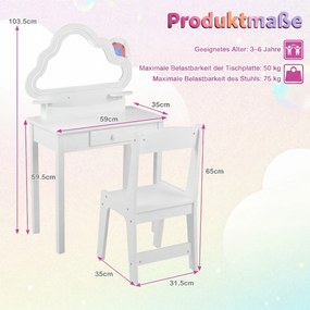 Costway Dětský toaletní stolek s osvětlením cloudové zrcadlo 3 háček na šperky