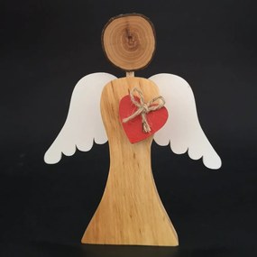 AMADEA Dřevěný anděl s bílými křídly a červeným srdcem, masivní dřevo, 17x14,5x2 cm