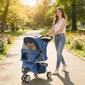 PawHut skládací kočárek pro malé psy — síťovaná okénka, úložný koš a držák na nápoj, nosnost 10 kg, modrý