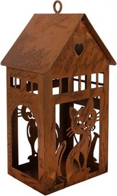 Rezavý svícen ve tvaru domku s kočkami Rustic Charm - 10*11*20 cm