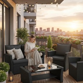 Velaco Ratanový zahradní nábytek Lagos, 4 osoby, černý