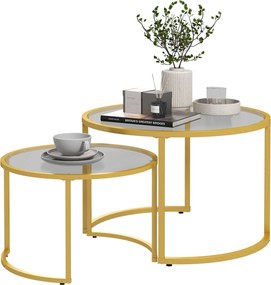 HOMCOM Sada 2 moderních kulatých stolků s variabilní výškou 70/54 cm, se skleněnou deskou a zlatým ocelovým základem