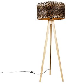 Moderní stojací lampa ze dřeva, leopardí stínidlo 50 cm - stativ Classic