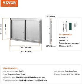 BBQ přístupová dvířka, 915 × 533 mm dvojitá venkovní kuchyňská dvířka