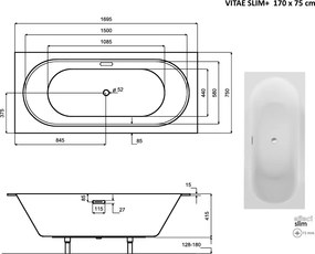 Besco Vitae Slim+ obdélníková vana akrylátová 170 x 75 cm sifon černá barva bílá VANVIT17SLIMPLB Koupelny Bernold