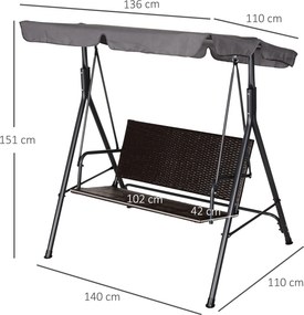 Outsunny Hollywoodský houpač 2-místný zahradní houpačka s nastavitelnou sluneční střechou, ocelový rám, ratan 140 x 110 x 151 cm
