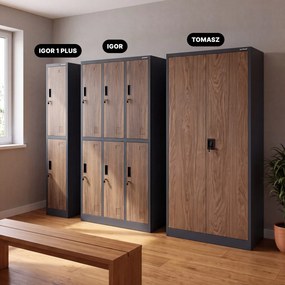 Šatní skříňka BHP, zaměstnanecká, jednotlivá, 2 schránky s tyčí, antracitová/ořech, 316,5x1850x450 mm: IGOR 1 Plus Eco Design