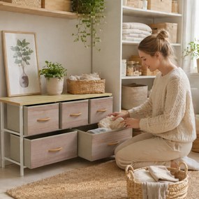 HOMCOM komoda s 5 látkovými zásuvkami a kovovým rámem — přírodní dřevo/bílá