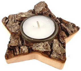 AMADEA Dřevěný svícen s kůrou ve tvaru hvězdy, masivní dřevo, 11x3 cm