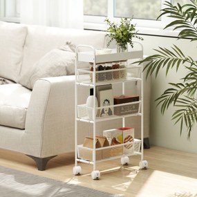 HOMCOM Kuchyňský vozík z kovu, 3 koše, úzký design, 4 kola, pro kuchyň, obývací pokoj, koupelnu, bílý