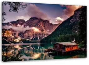 Obraz na plátně Chata u horského jezera - 60x40 cm