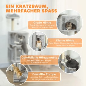 Kočičí škrabadlo 140 cm, strom pro kočky, pelíšky, hamaka, sisalové sloupky, více úrovní, světle šedé