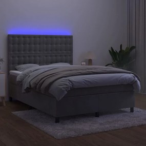 Box spring postel s matrací a LED světle šedá 140x190 cm samet 3136359