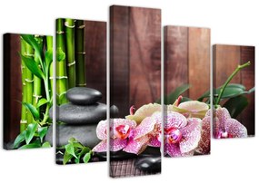 Obraz na plátně pětidílný Orchidejové kameny Bambus - 150x100 cm
