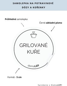 Samolepka na kořenky GRILOVANÉ KUŘE průhledná 5 cm základní písmo