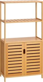 Kleankin koupelnová skříňka se 2 otevřenými policemi a skříňkou se 2 dvířky, úsporná bambusová skříňka 60x30x120 cm, přírodní | Aosom