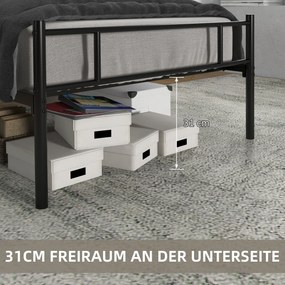HOMCOM jednolůžkový postelový rám z oceli 95x211x106 cm, integrované laťování, čelo a nožní část, úložný prostor pod postelí, černá