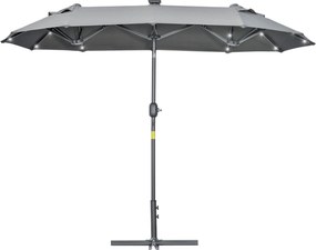 Outsunny Dvojitý slunečník 295x150x219 cm s LED solárními světly, nastavitelné sklopení a manuální klička pro terasu, bazén a pláž, šedý