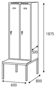 Alfa 3 Šatní skříňka S6 s lavičkou, 2 oddíly, 1875 x 600 x 500/800 mm, otočný zámek, tmavě šedé dveře