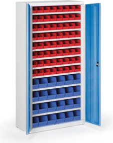 Skříň s plastovými boxy BASIC - 1800 x 400 x 920 mm, 64xA/24xB, šedá/modré dveře