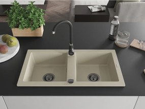 Mexen Mario, granitový dřez 820x436x161 mm, 2-komorový, béžová s černým sifonem, 6504822000-69-B