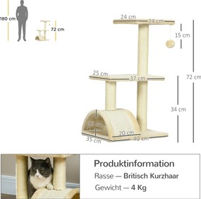Škrabadlo 72 cm Kočičí věž s plyšovými polštářky, sisalové sloupky, plošina, škrabadlo Krémově bílá