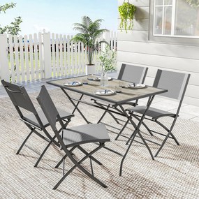 Outsunny 5dílný skládací zahradní jídelní set – šedý stůl s dekorem dřeva a 4 prodyšné síťované židle