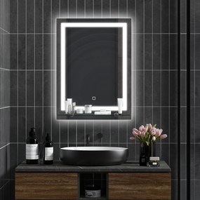 kleankin LED koupelnové zrcadlo, stmívatelné, proti páře, dotykový vypínač, polička, 50 x 70 cm, Stříbrná