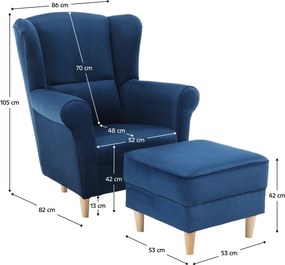 ušák, křeslo, s taburetem, látka modrá, Tempo Kondela ASTRID