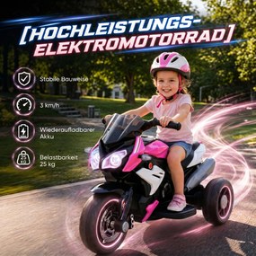 HOMCOM Elektrická dětská motorka, světla a zvuky, 3 km/h, dobíjecí, plast a kov, růžová/bílá